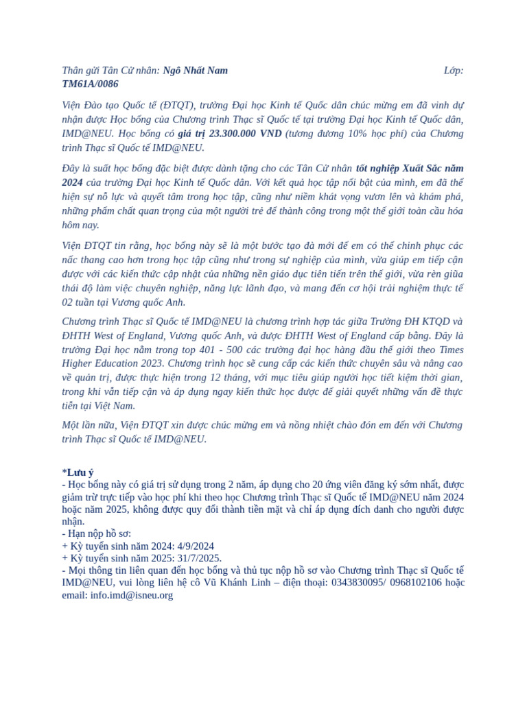 Thư HB Gửi SV Xuất Sắc CQ_2024 | PDF