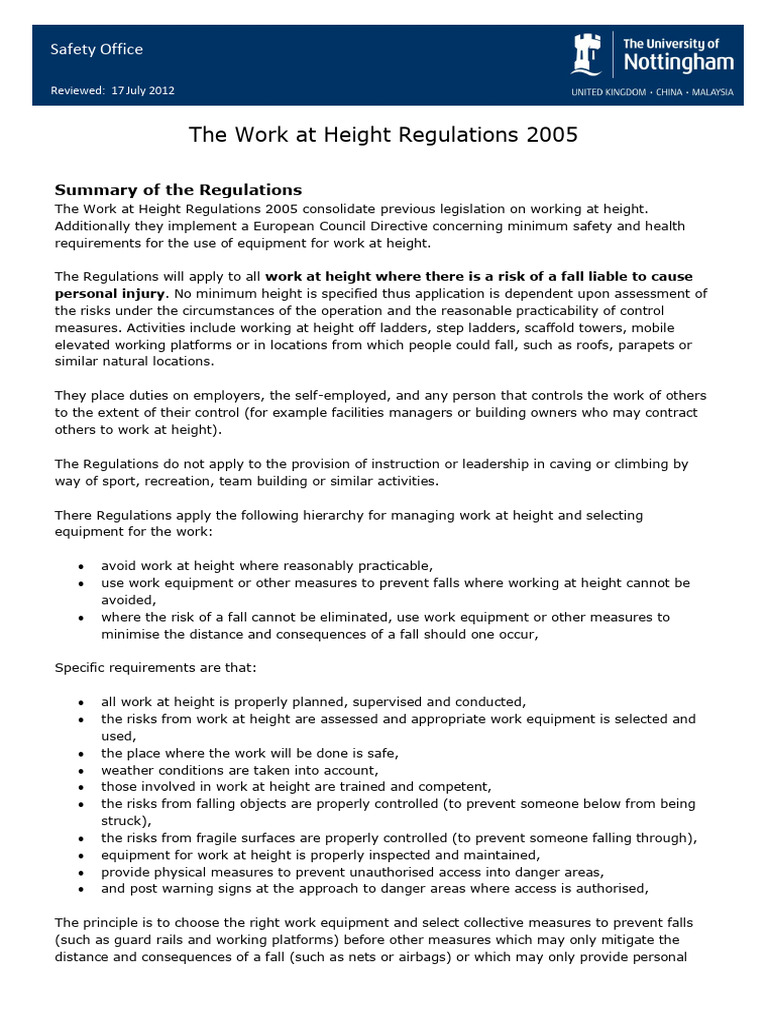 Work at Height Regulations Overview | PDF | Scaffolding | Risk