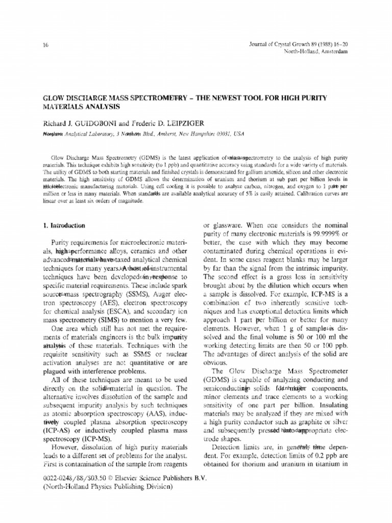 Glow Discharge Mass Spectrometry - The Newest Tool For High Purity | PDF