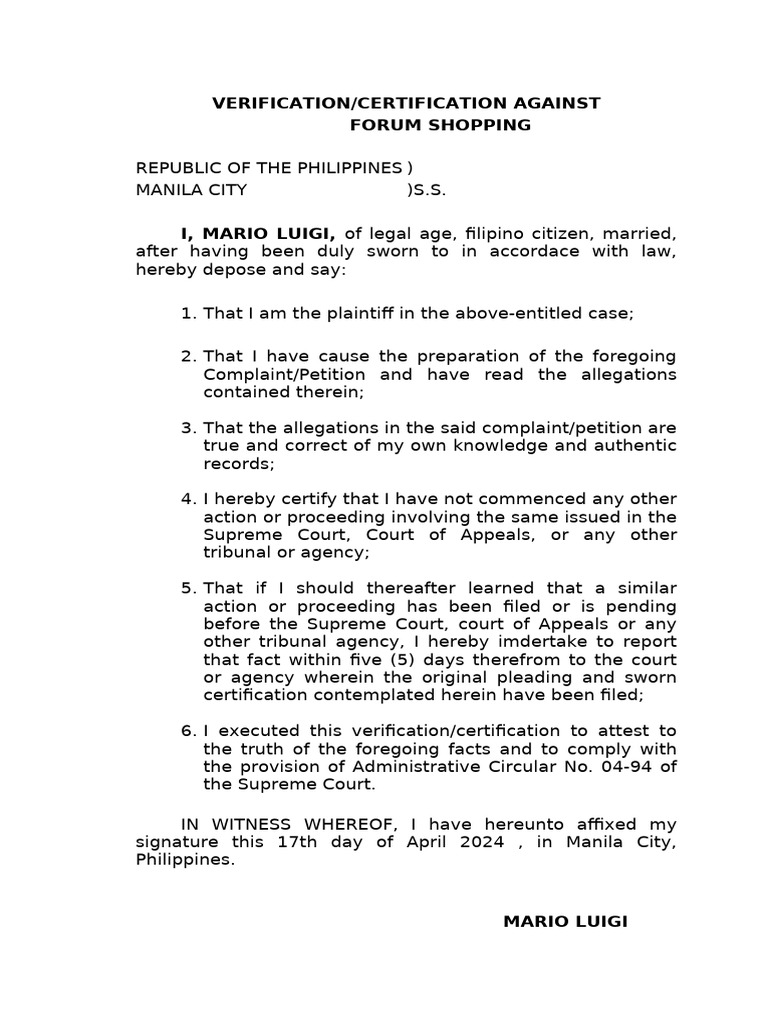 Certificate of Non Forum Shopping | PDF
