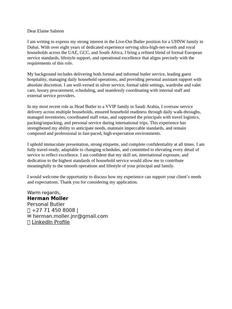 Cover Letter Private Butler | PDF
