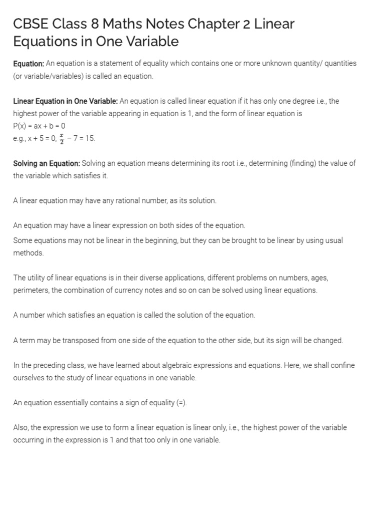 Linear Equations in One Variable Class 8 Notes Maths Chapter 2 | PDF ...