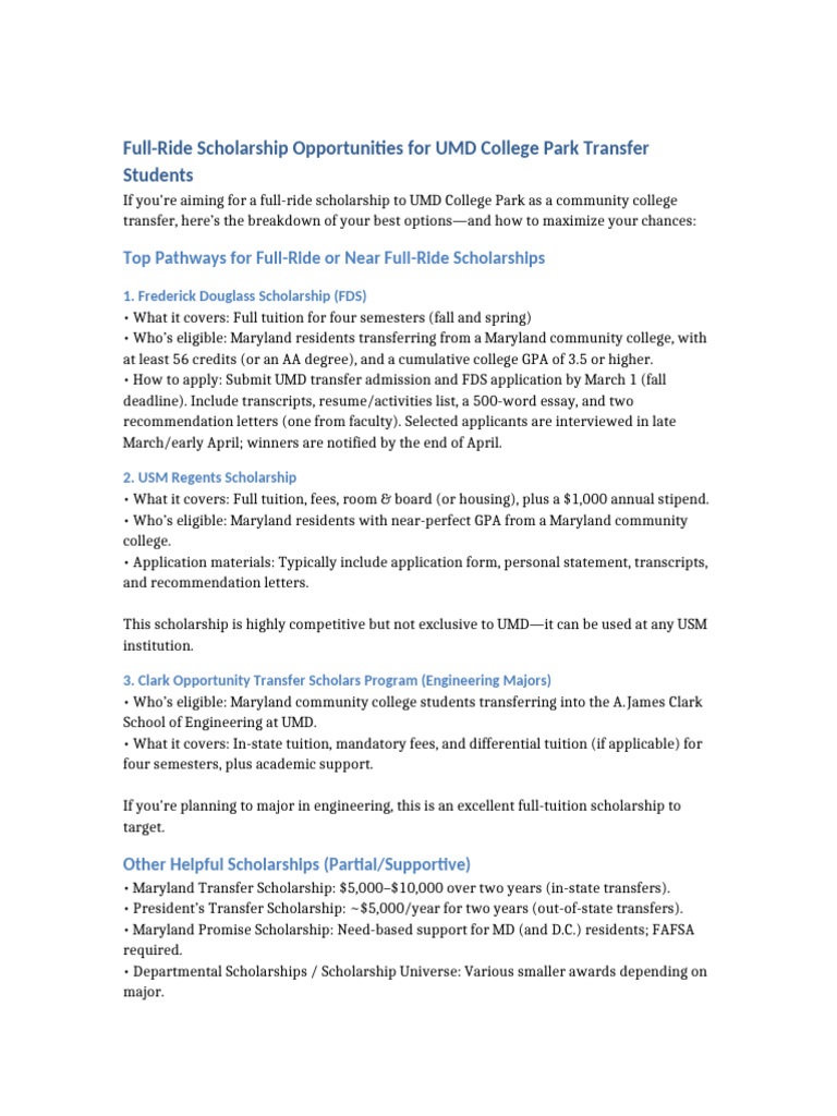 UMD Full Ride Scholarships | PDF
