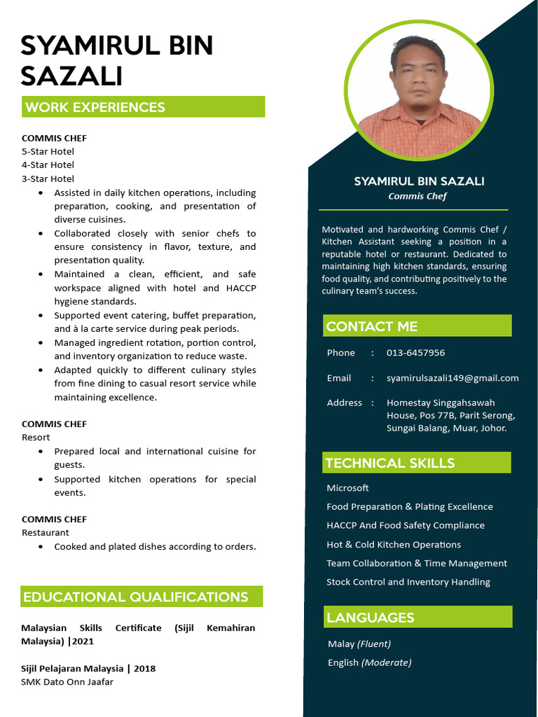 Commis Chef Resume - Syamirul Sazali | PDF | Chef | Kitchen