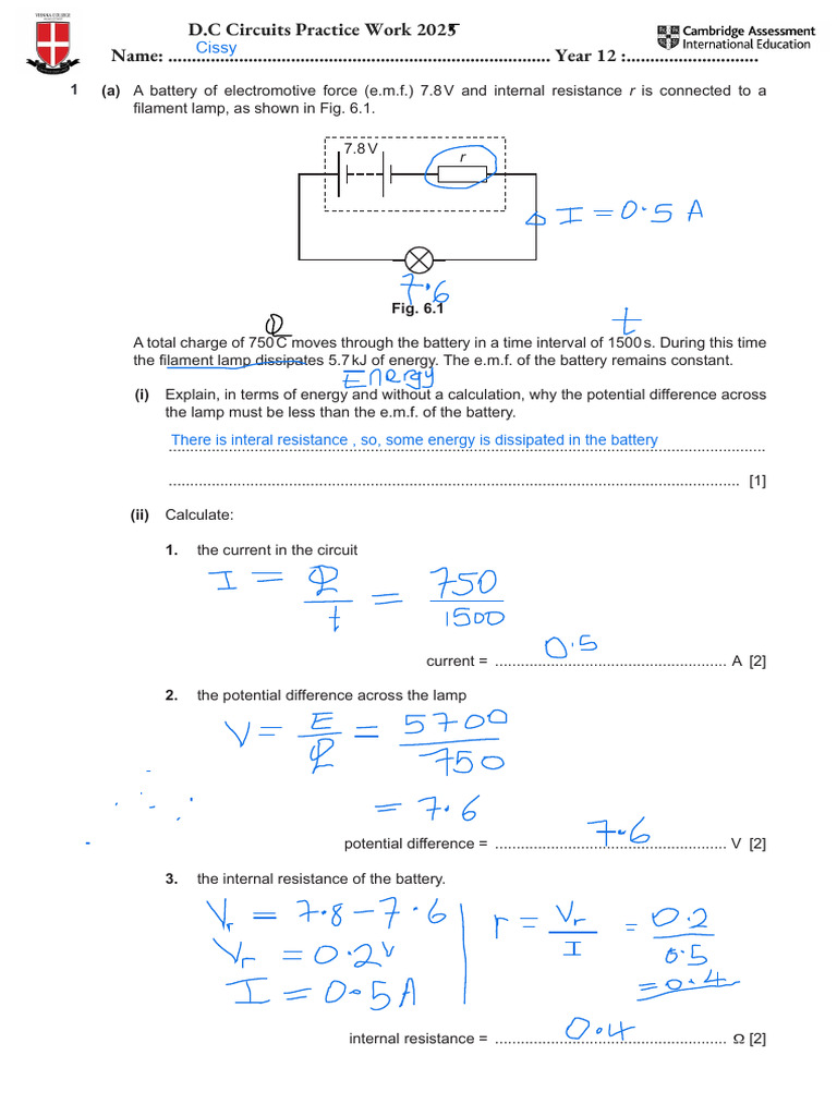 Dc Circuits Practice Work 2025 Cissy (1) | PDF | Voltage | Resistor