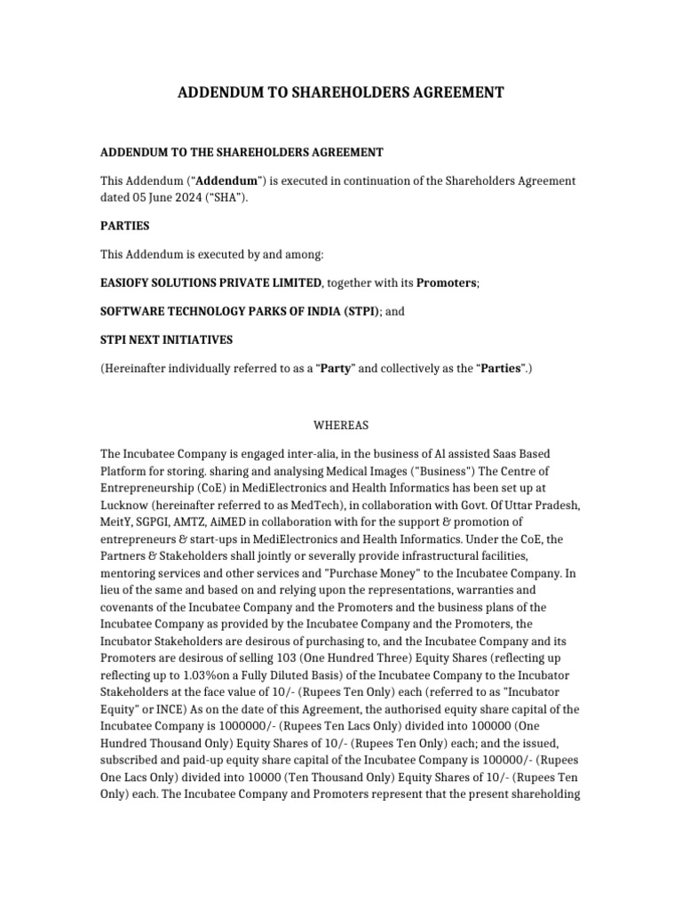 Addendum to SHA Easiofy Solutions (1) | PDF | Private Law | Business