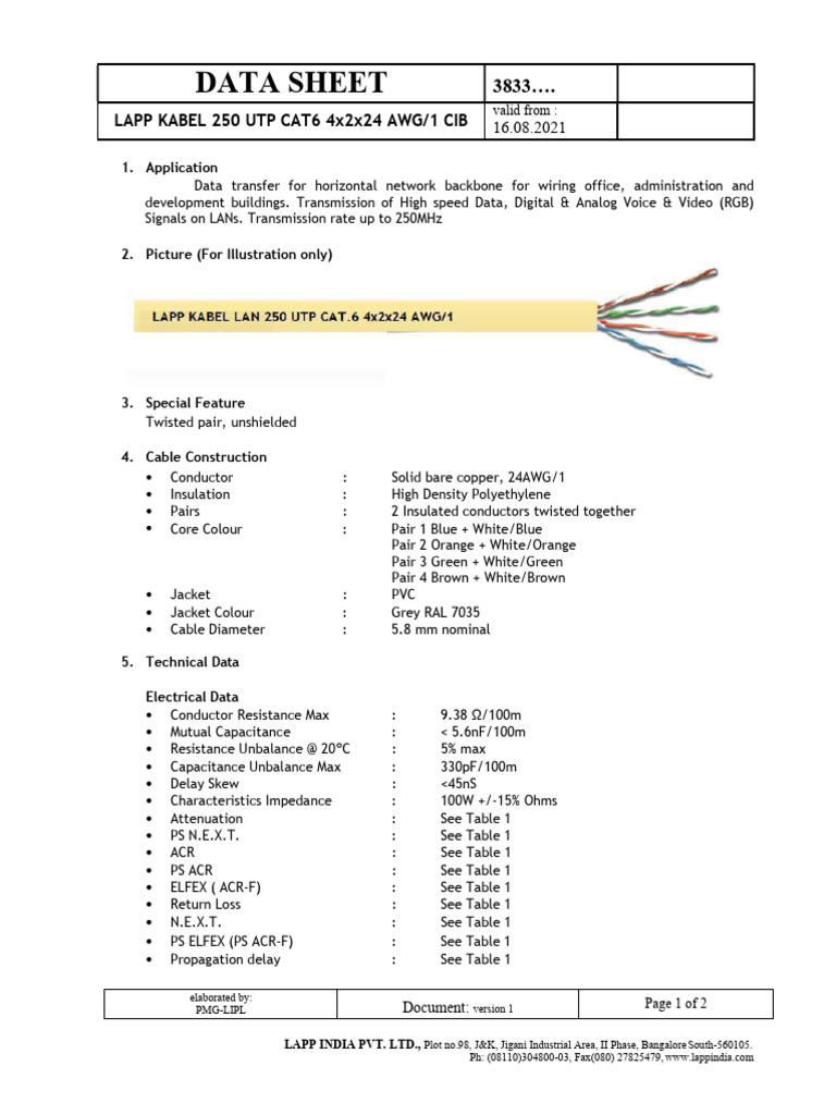 LAPP KABEL 250 UTP CAT6 Data Sheet | PDF | Electromagnetism ...