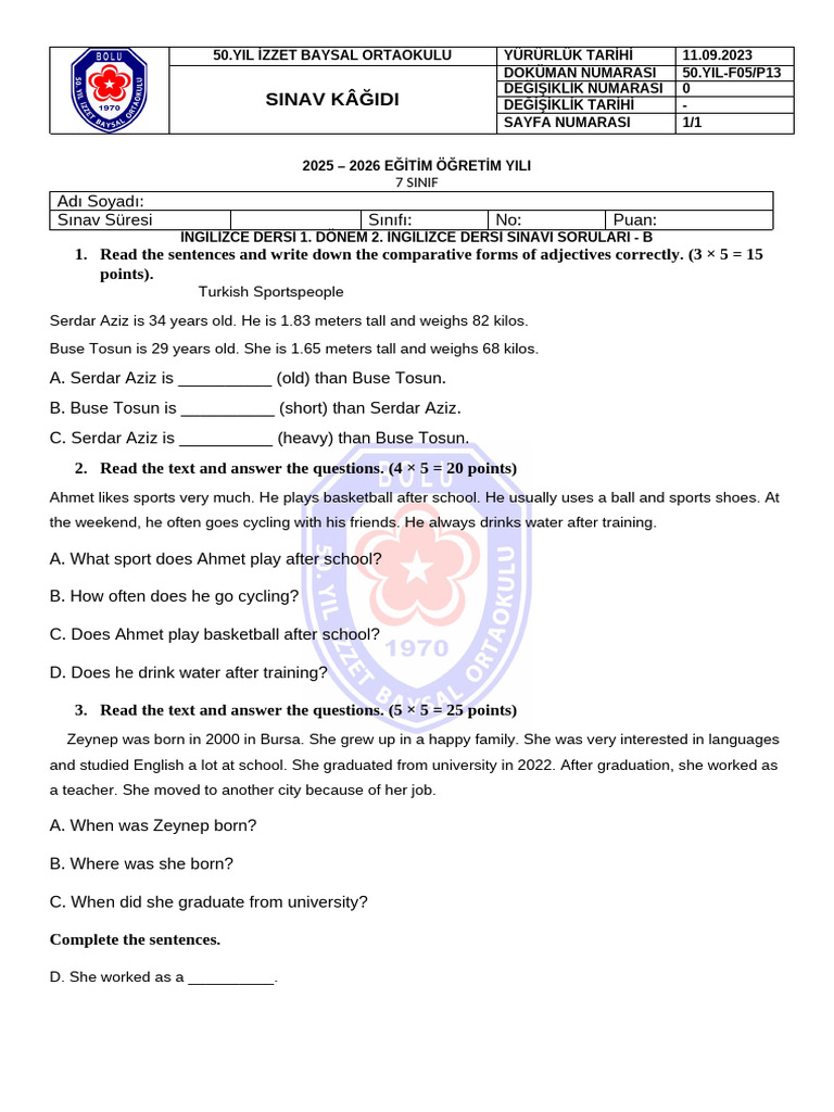 7.Sınıf 2025 1.Dönem 2.i̇ngi̇li̇zce Sinavi b Grubu (3) | PDF ...