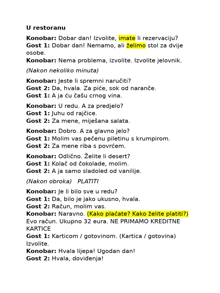 U Restoranu - A Conversation Example | PDF