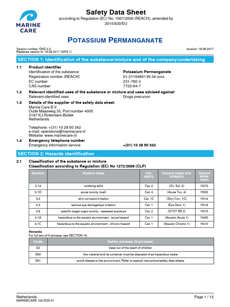 Safety Data Sheet Potassium Permanganate