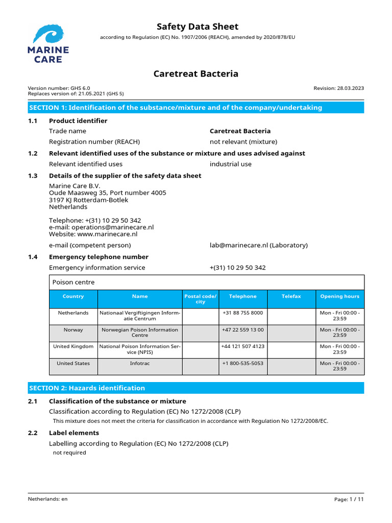 SDS Caretreat Bacteria MARINECARE 296 (6) | PDF | Science And Law ...
