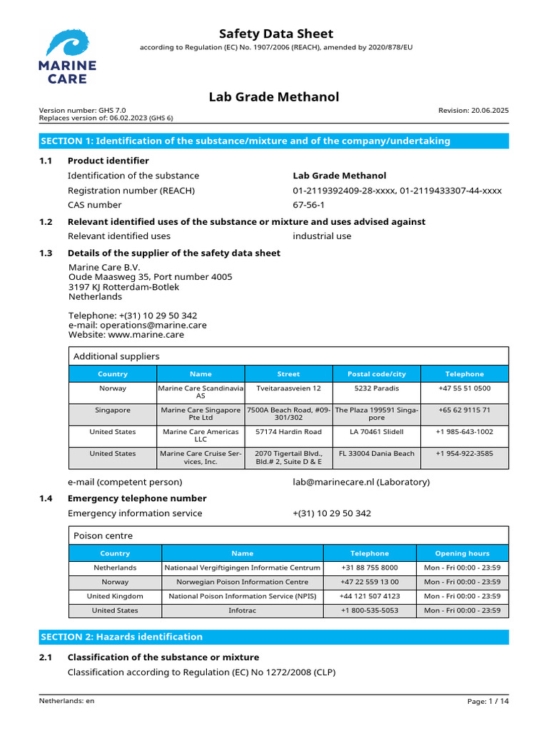 Lab Grade Methanol Safety Data Sheet | PDF | Workplace | Working Conditions