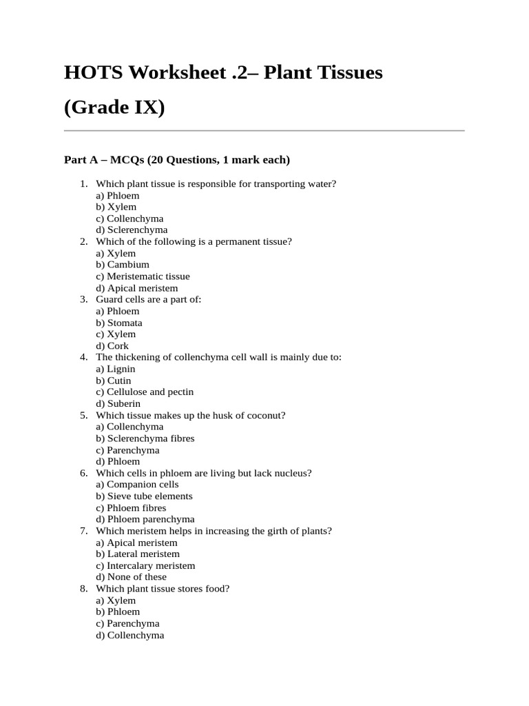 HOTS Worksheet 2 IX | PDF | Tissue (Biology) | Branches Of Botany
