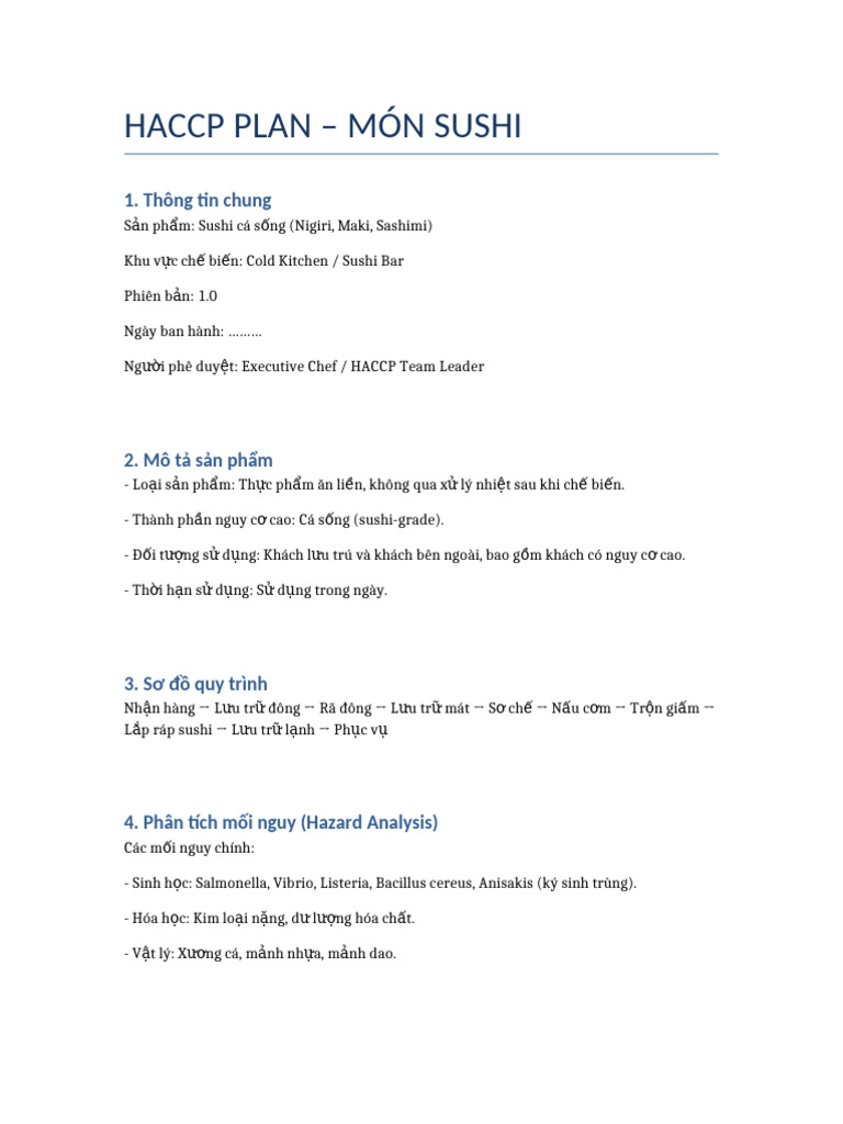 Haccp Plan Mon Sushi | PDF