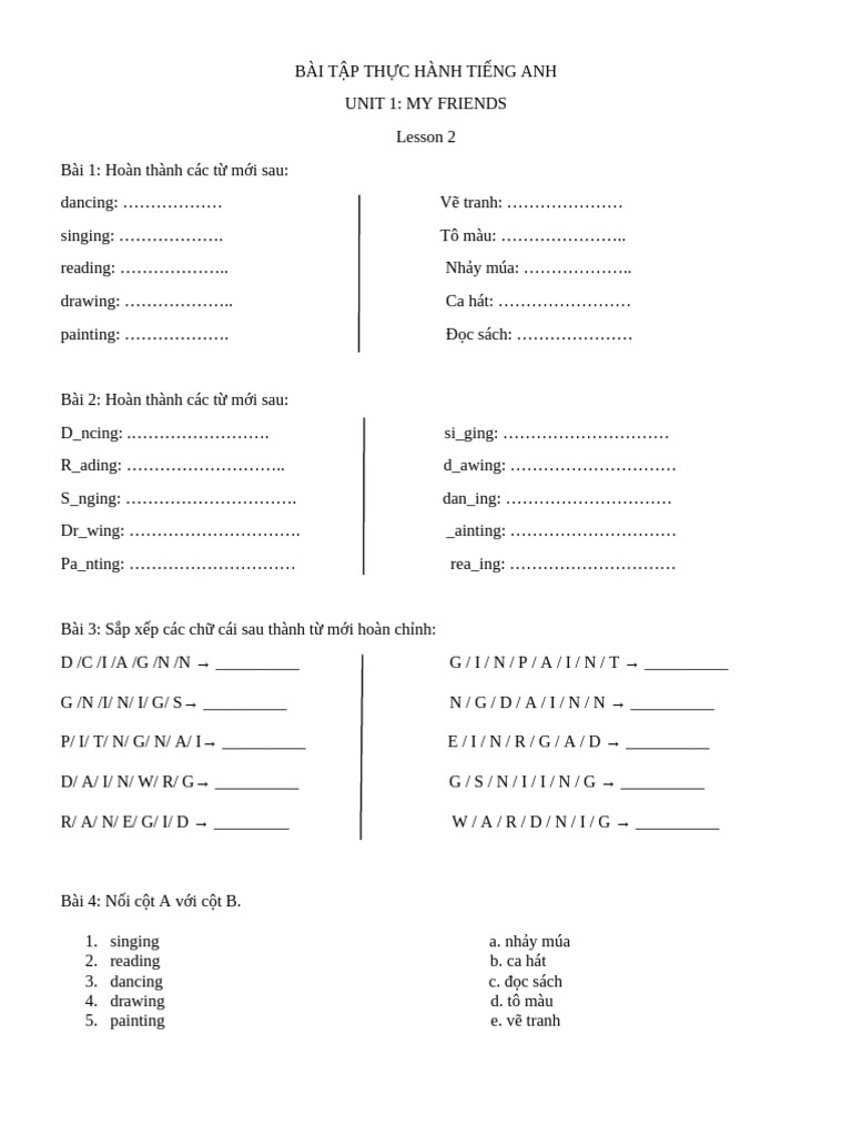 Bài tập thực hành số 3 - Unit 1 lesson 2-painting, dancing, reading ...
