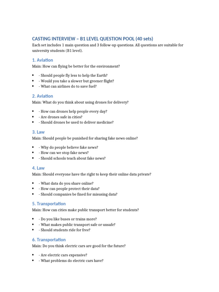 Casting Interview B1 Question Pool | PDF | Transport