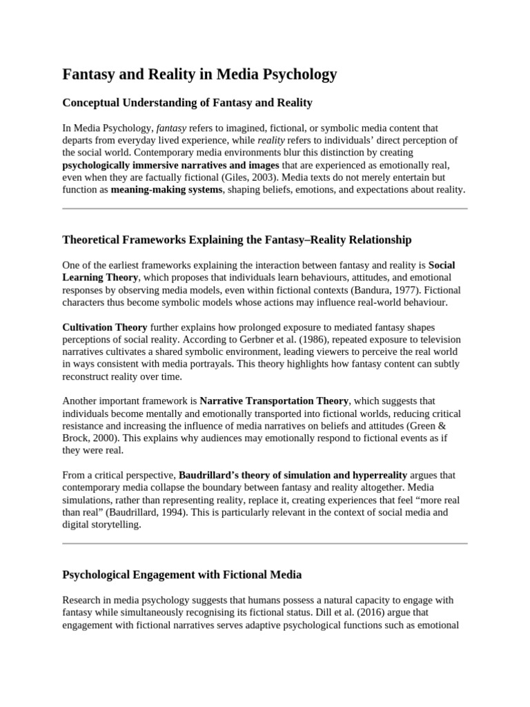 Fantasy vs. Reality in Media Psychology | PDF | Reality | Psychology