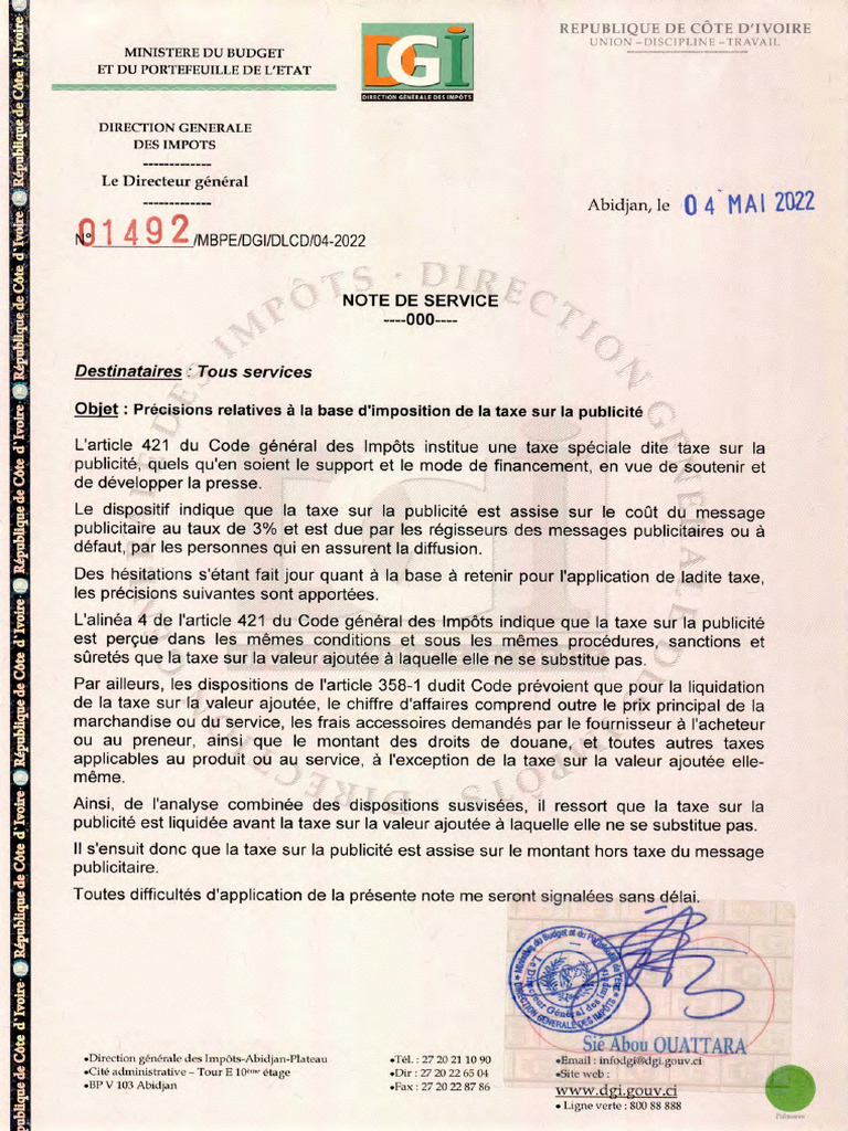 N° 01492 MBPE DGI DLCD DU 04 MAI 2022 Précisions relatives à la base d ...