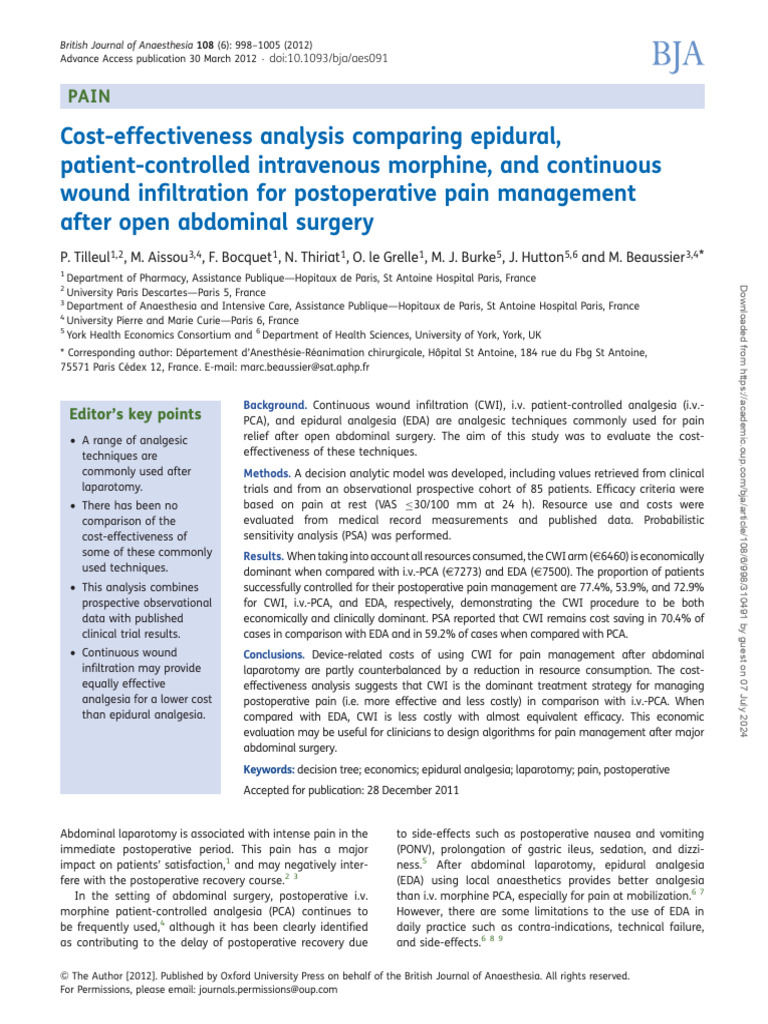 Comparaison of Wound Infiltration and Epidural Anesthsia | PDF | Pain ...