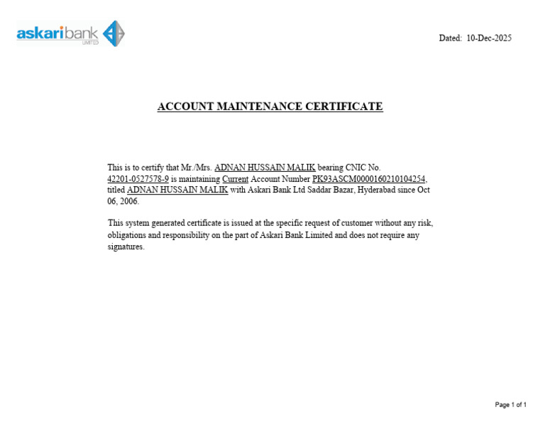 Account Maintenance Certificate: Page 1 of 1 | PDF