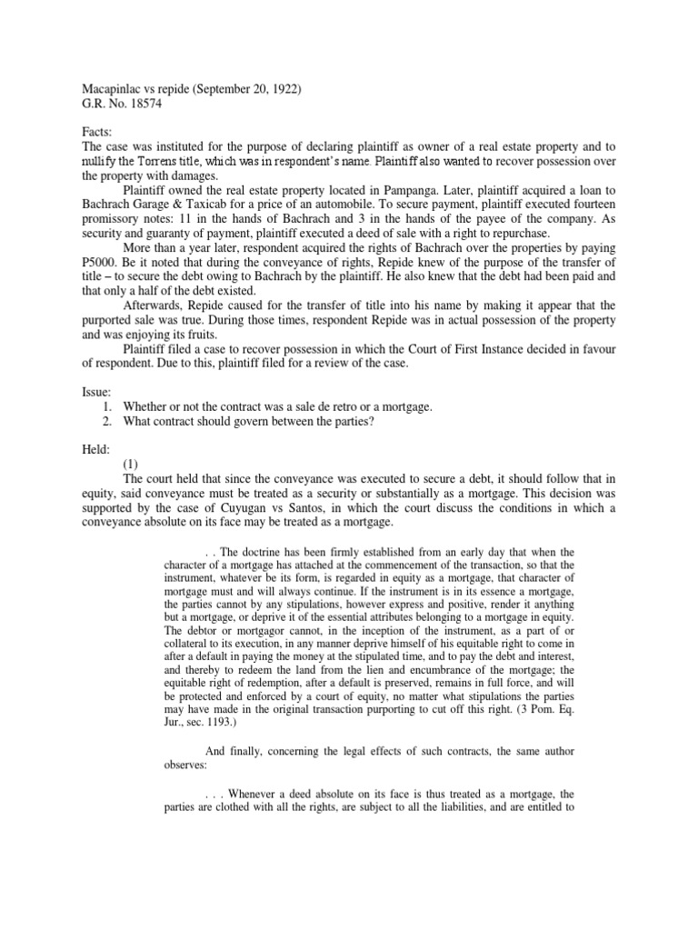 Macapinlac Vs Repide | PDF | Mortgage Law | Liability (Financial ...