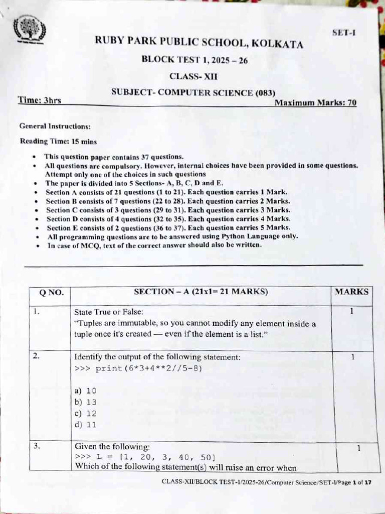 RPPS Block Test-1 CS Paper | PDF | Data Management | Computer Programming