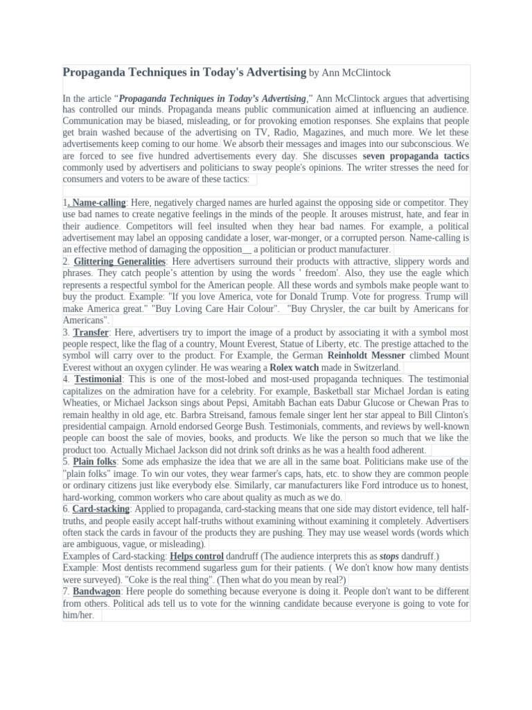 Propaganda Techniques in Today | PDF | Advertising | Propaganda