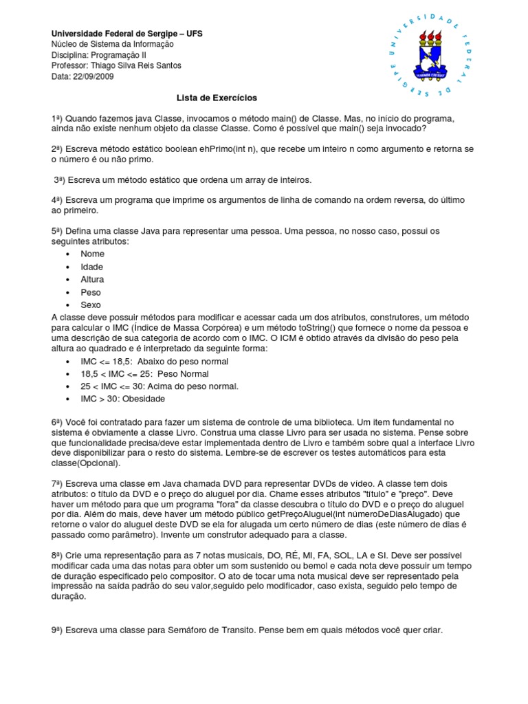 Lista De Exercicios Pdf Classe Programação De Computadores