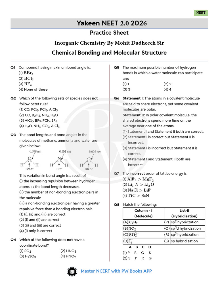 Chemical Bonding and Molecular Structure Practice Sheet in | PDF ...
