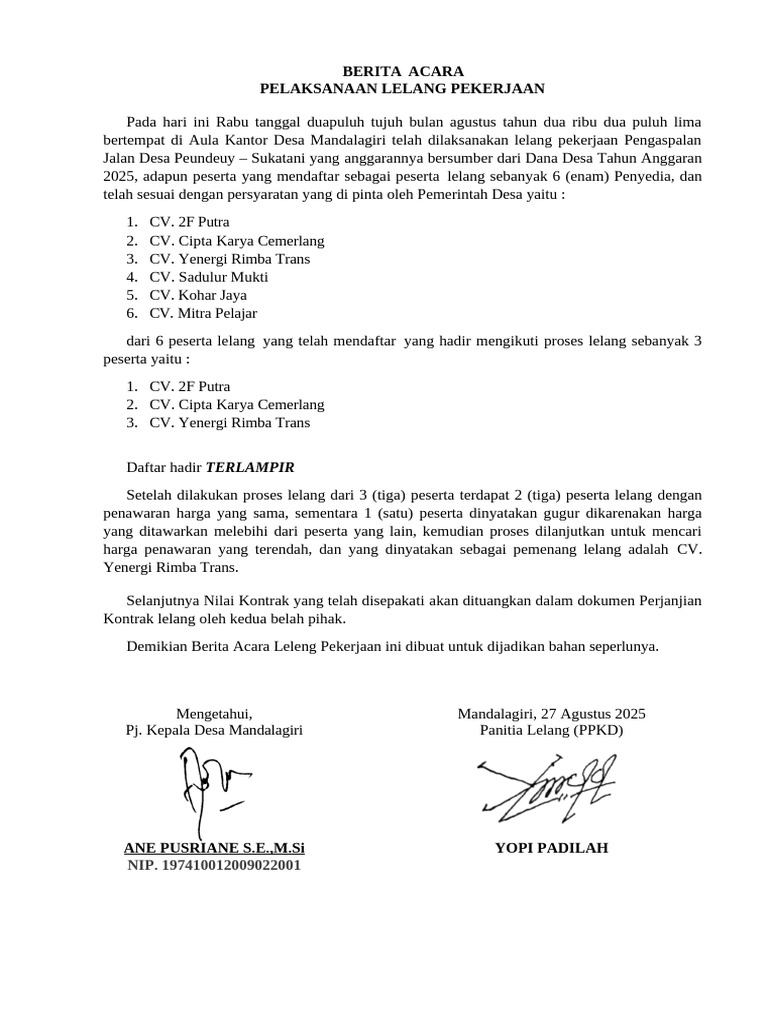 Berita Acara. Lelang Pekerjaan | PDF