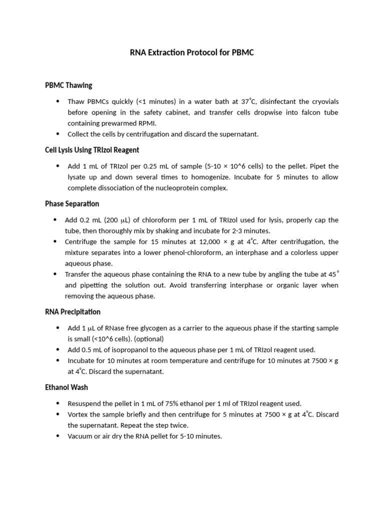 RNA Extraction Protocol For PBMC | PDF