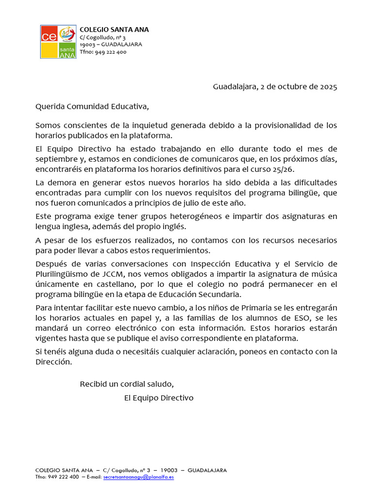 Circular Horarios 25-26 | PDF