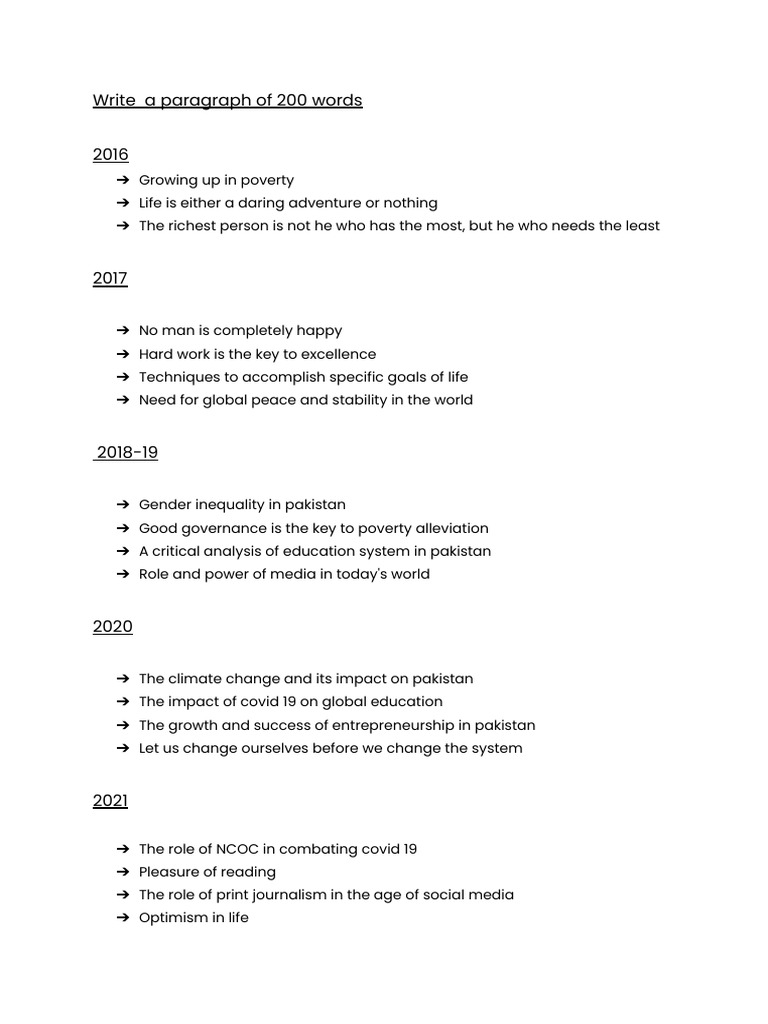 Write a Paragraph of 200 Words | PDF