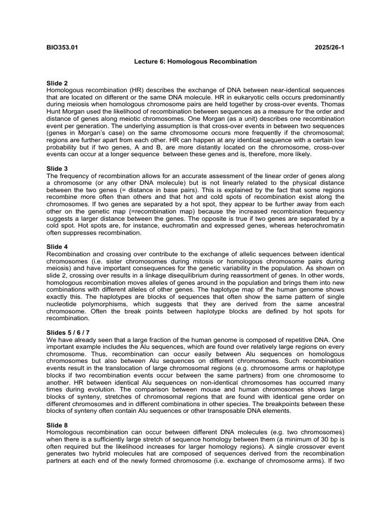 BIO353 Lecture 6 (Homologous Recombination) Shf 2025 | PDF | Genetic ...