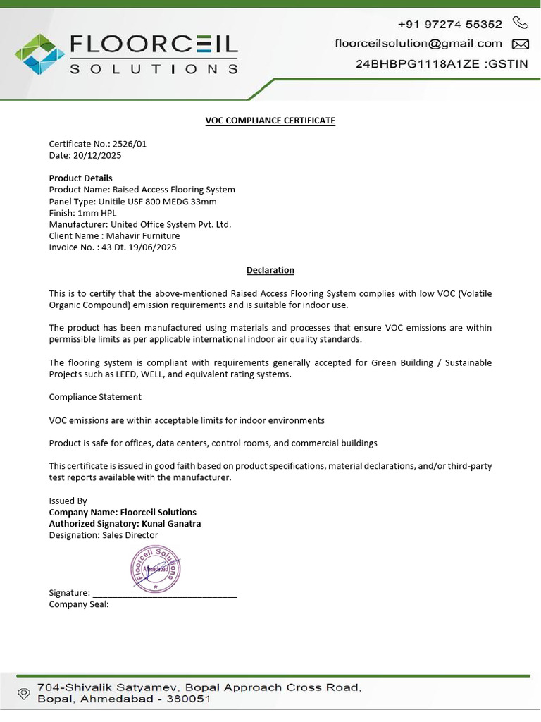 VOC Compliance Certificate for Flooring System | PDF