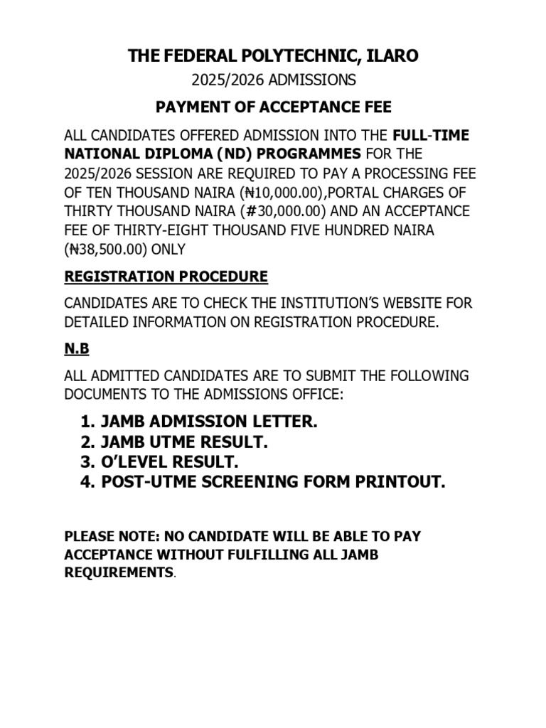 Ilaro Poly 2025/2026 Admission Fees Guide | PDF