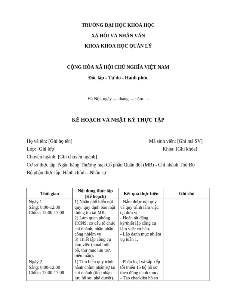 Nhat Ky Thuc Tap HCNS MB Thu Do | PDF