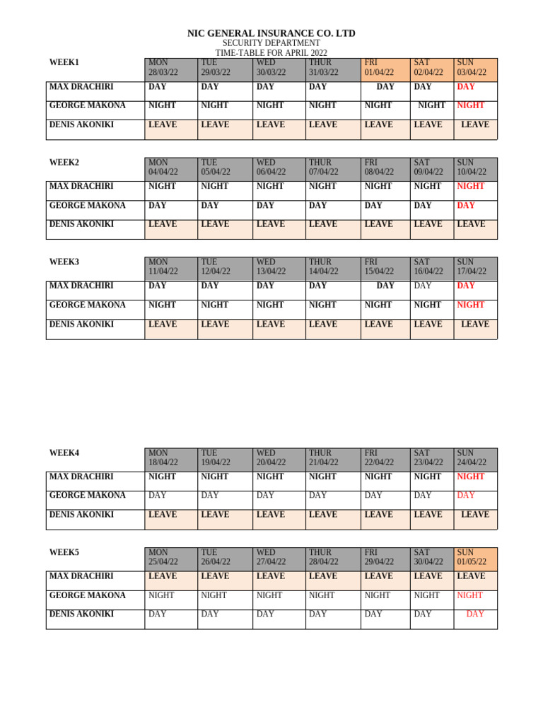 Security Timetable April 2022 | PDF