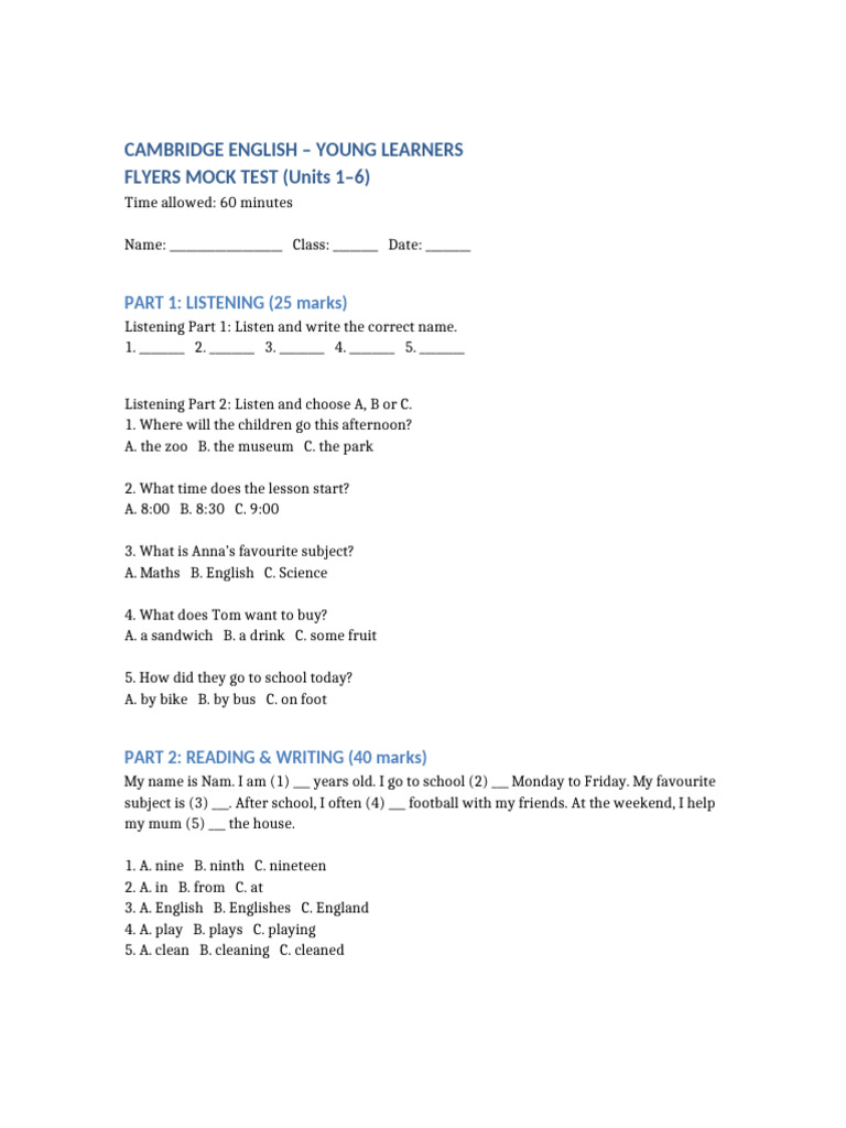 Cambridge Young Learners Flyers Test | PDF