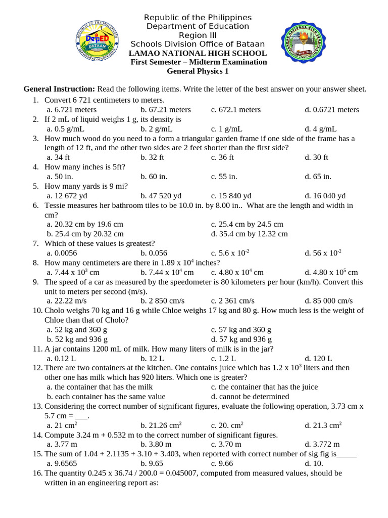 Midterm Examination in General Physics 1 2022-2023 | PDF ...