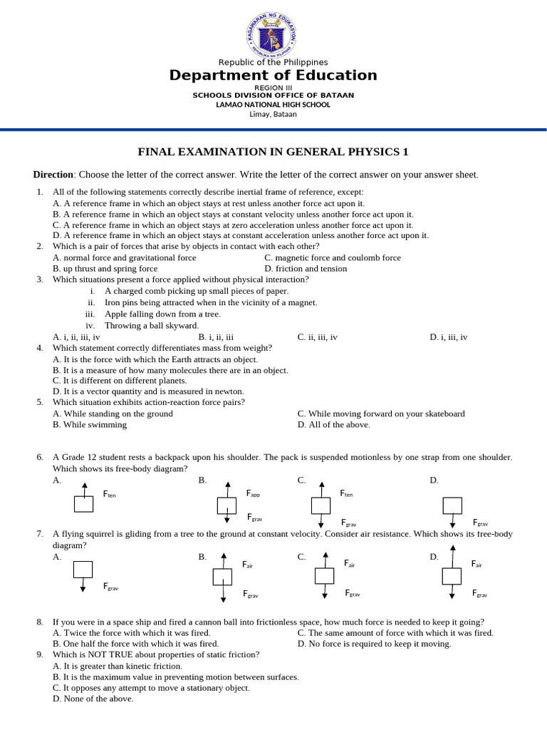 Final Exam: General Physics 1 Questions | PDF | Force | Potential Energy