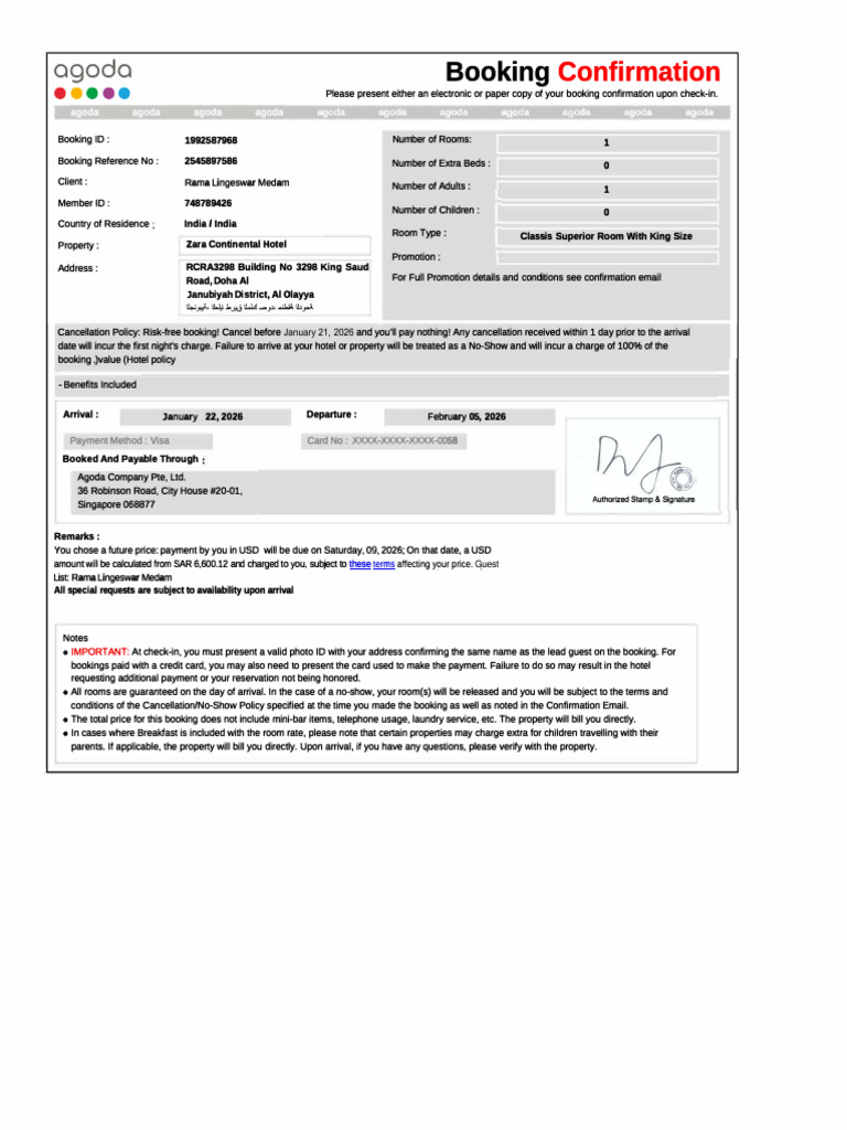 Agoda Booking Confirmation Details | PDF | Payments