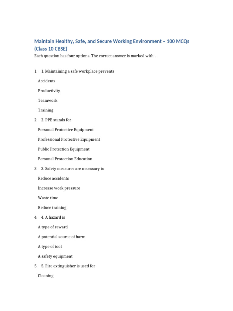 Healthy Safe Secure Working Environment 100MCQs | PDF | Personal ...