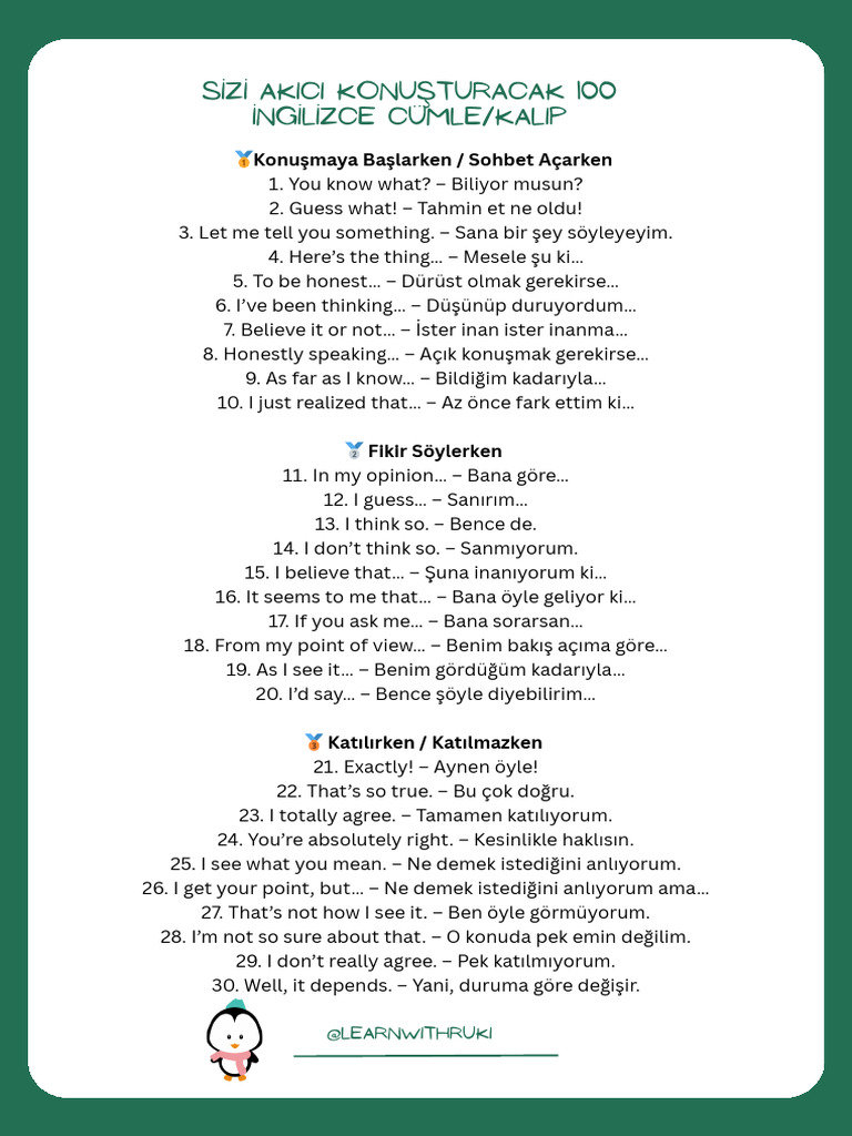 SİZİ AKICI KONUŞTURACAK 100 İNGİLİZCE CÜMLEKALIP | PDF