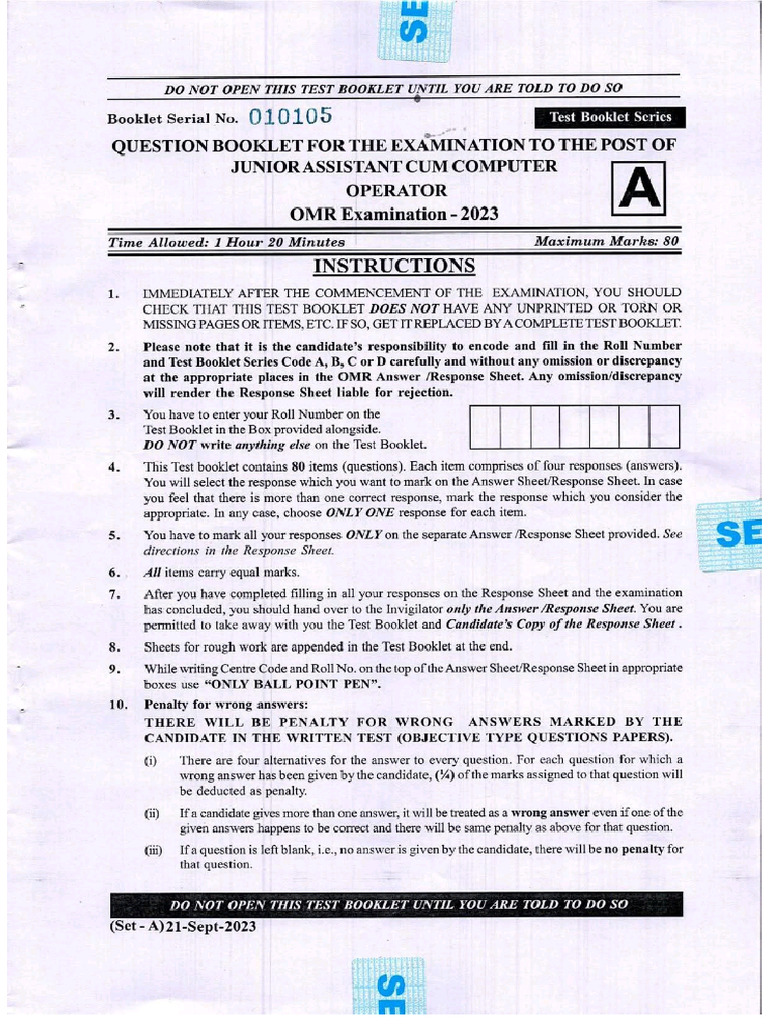 Junior Assistant Previous Year Paper | PDF