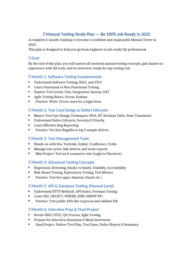 Manual Testing Study Plan 2025 | PDF | Software Testing | Quality Assurance