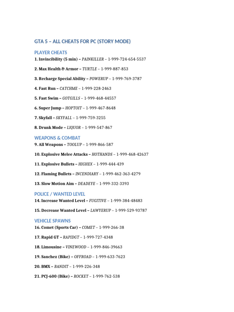 Gta 5 All Cheats Complete | PDF