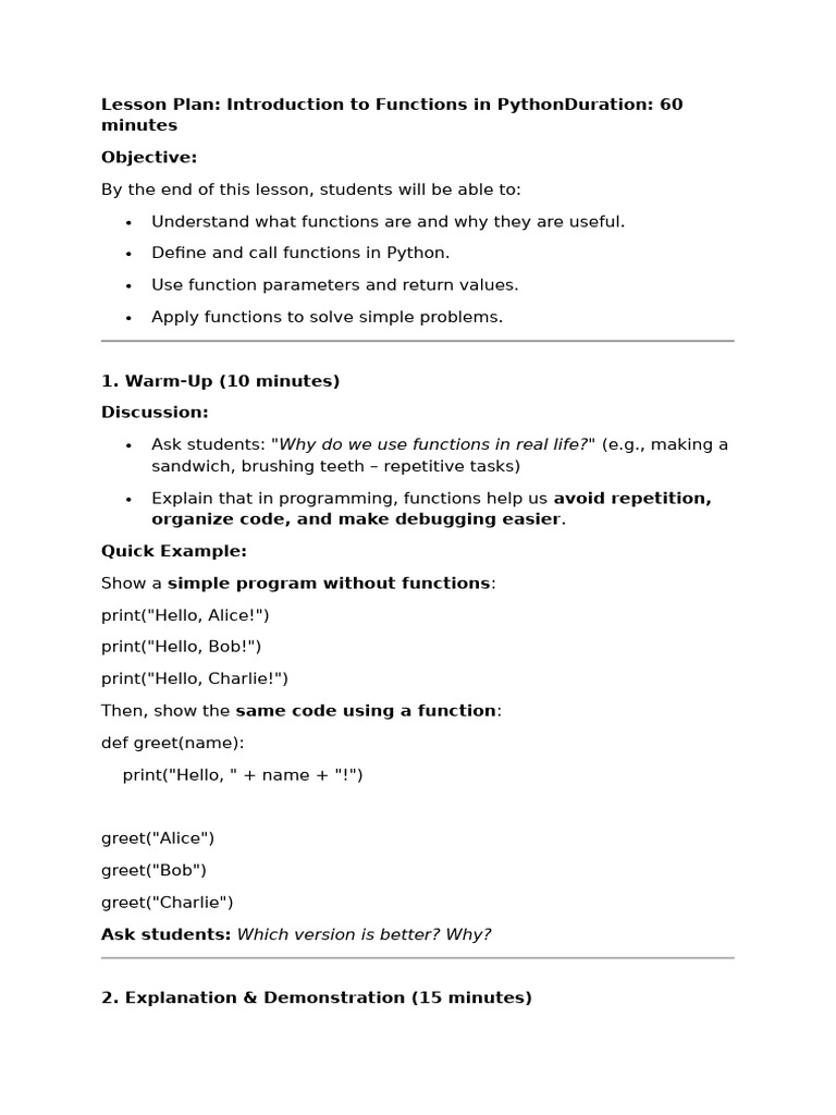 Python Function Lession Plan | PDF | Parameter (Computer Programming ...