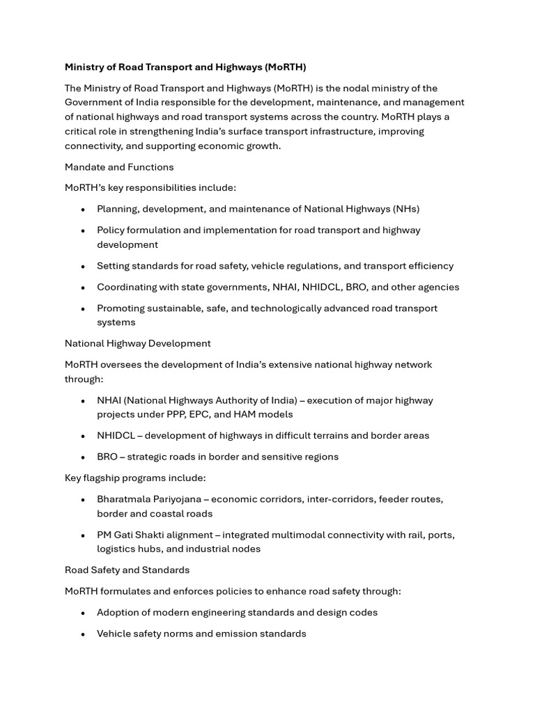 Ministry of Road Transport and Highways (MoRTH) | PDF | Transport | Road