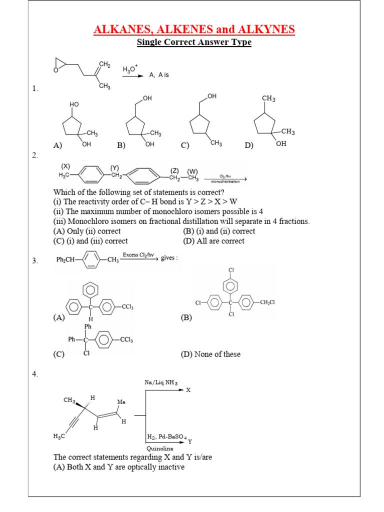 Alkanes, Alkenes, and Alkynes Quiz | PDF | Chemical Reactions | Chlorine